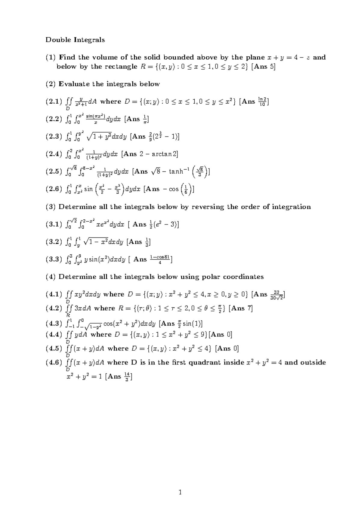 Practice exercises 3(Double integrals) - Double Integrals (1) Find the ...