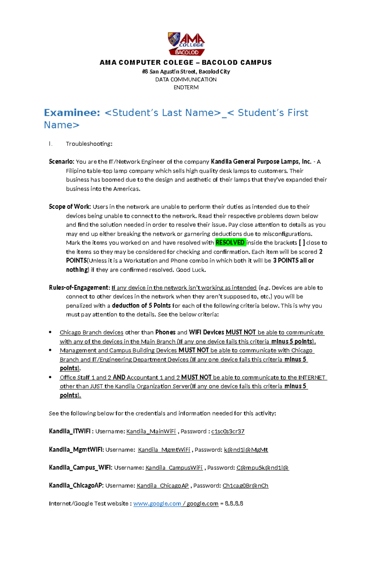 Endterm DATA COMM EXAM Lozada Andrew Endterm EXAM - AMA COMPUTER COLEGE ...