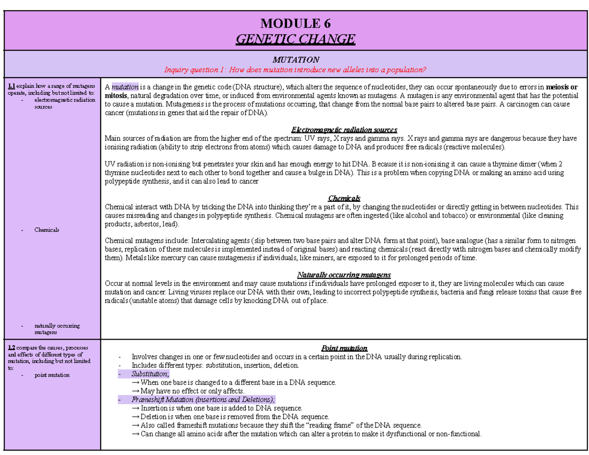 YR 12 BIOLOGY MODULE 6: GENETIC CHANGE AND MUTATION NOTES - Studocu
