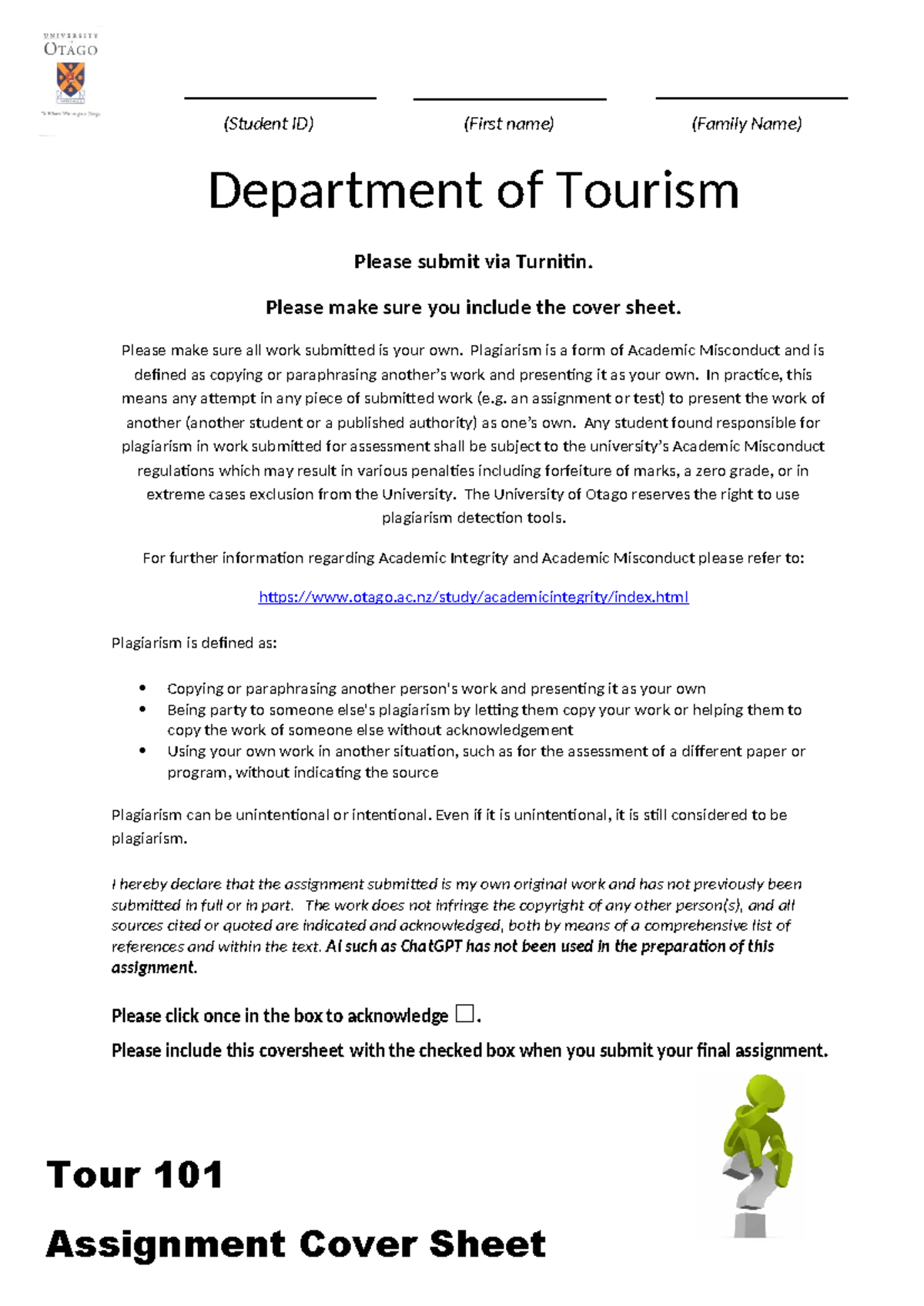 TOUR 101 Assignment Cover Sheet and Plagiarism Declaration - Studocu
