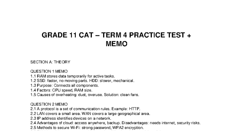 Grade 11 CAT Term 4 Practice Test & Memo - Studocu