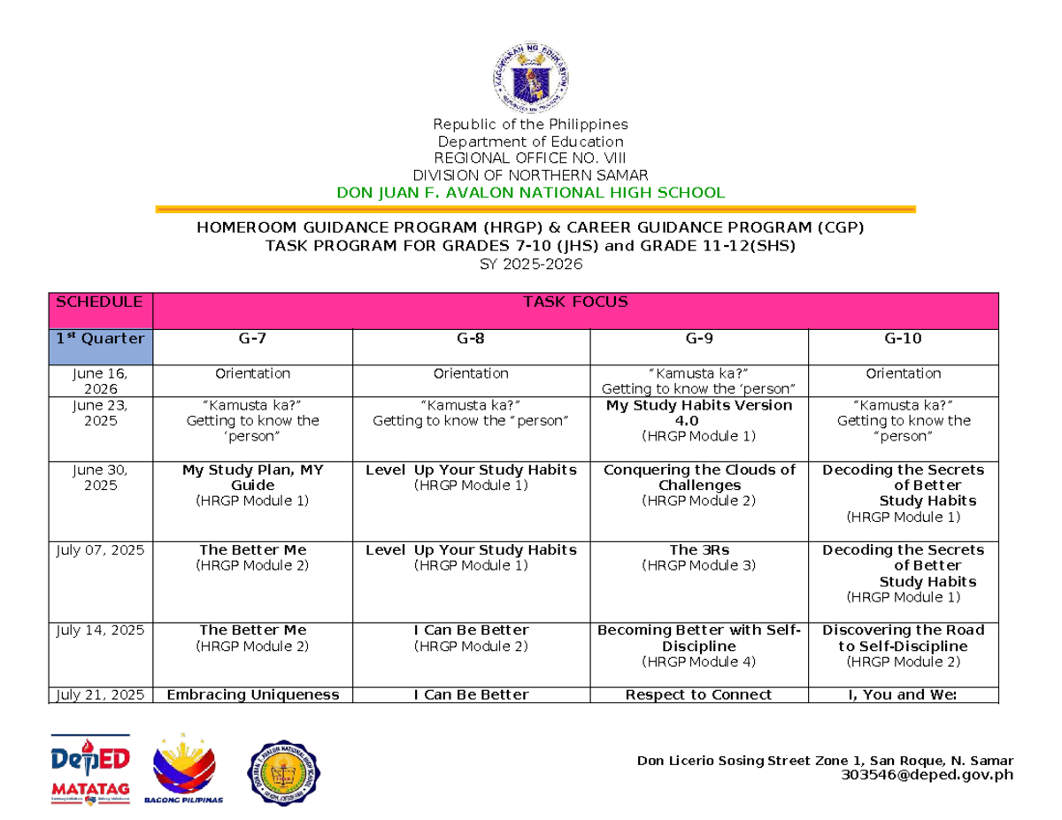 HRGP-CGP Task Focus for Grades JHS: 2025-2026 Schedule - Studocu