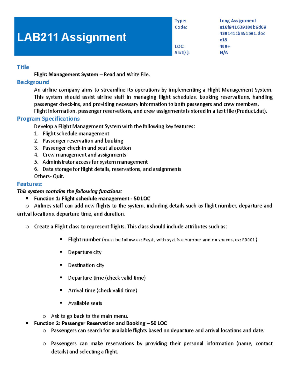 J1.L.P0019. Flight Management System-400 - LAB211 Assignment Type: Long Assignment Code: - Studocu