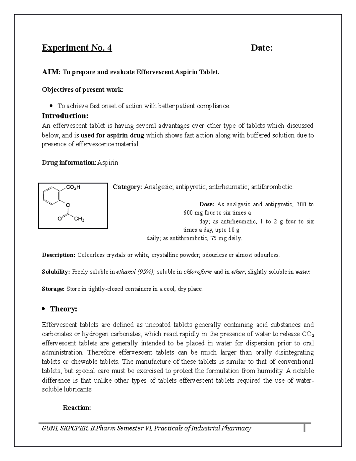 4. Experiment No. 4: Preparation and Evaluation of Effervescent Aspirin ...