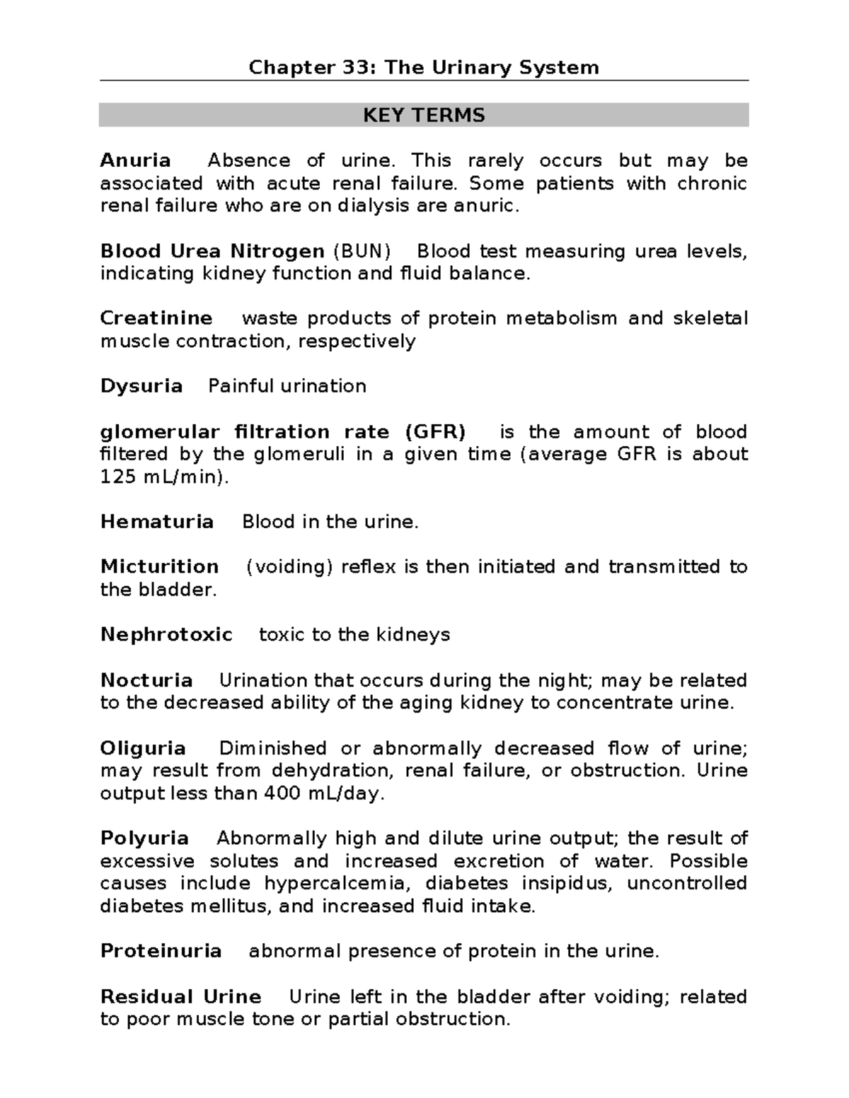 Chapter 33: Understanding the Urinary System Concepts and Key Terms - Studocu