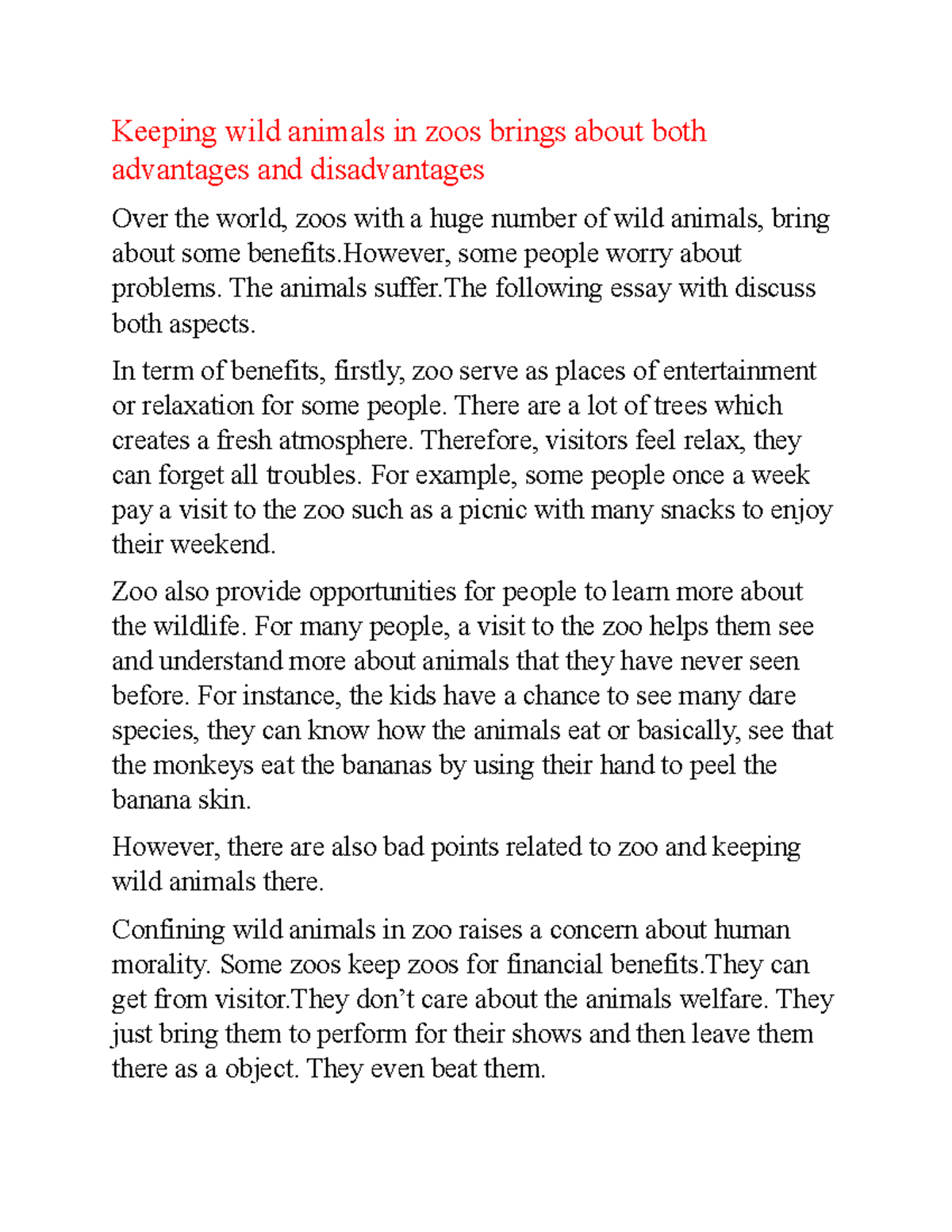 Advantages and Disadvantages of Keeping Wild Animals in Zoos: An Essay ...