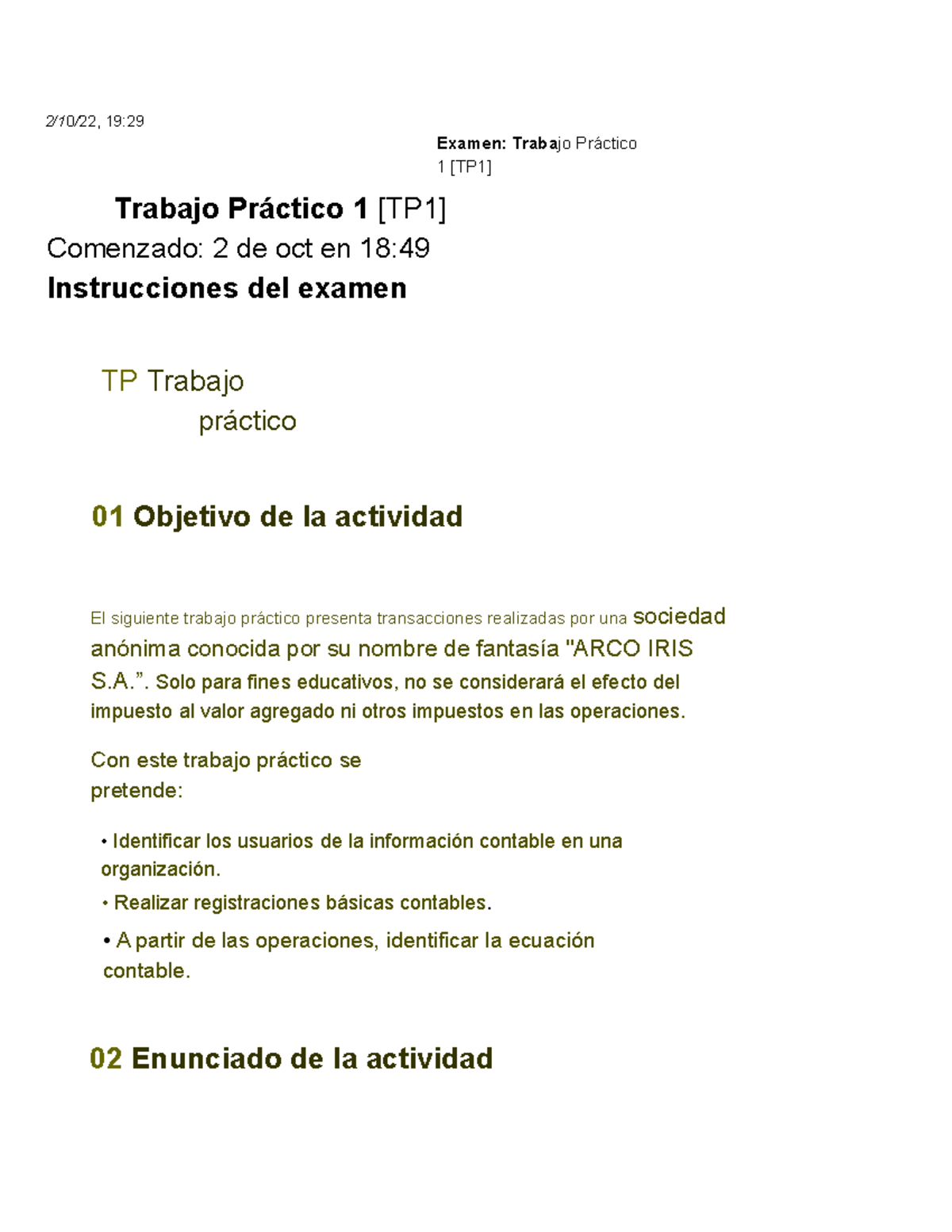 Tp 1 contabilidad 80% - TP 1 CONTA BASICA 80% - 2/1 0 / 22, 19: Examen: Traba jo Práctico 1 [TP1 ...