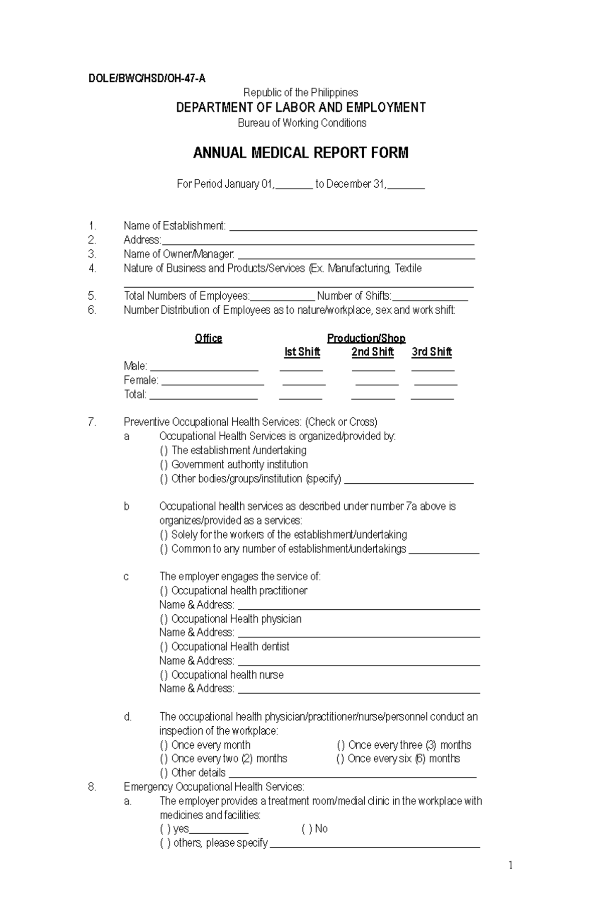 Annual Medical Report Form (DOLE BWC HSD H-47-A) - Studocu