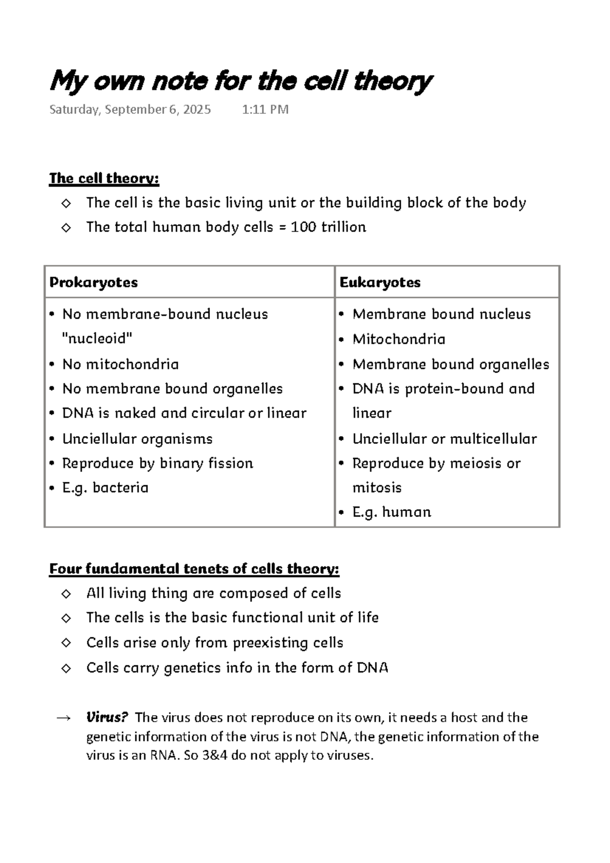Cell Theory Notes: Understanding the Basics of Life - Studocu