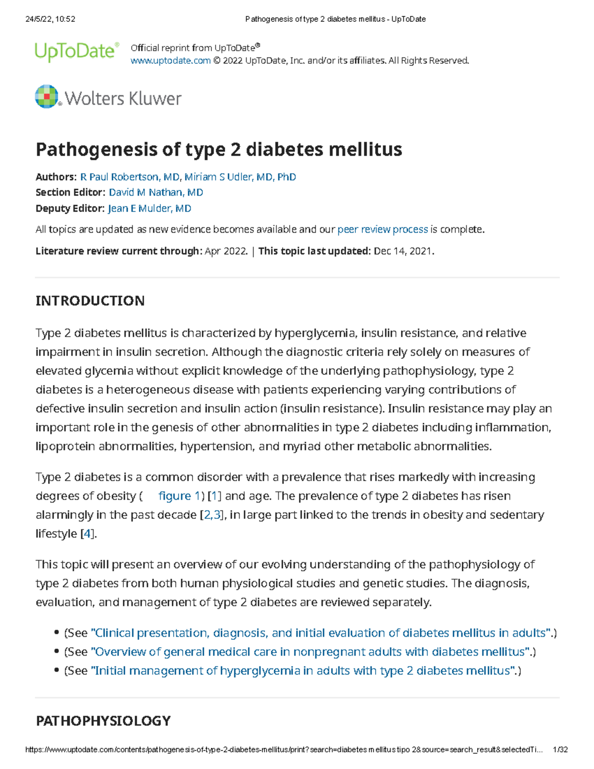 Pathogenesis of type 2 diabetes mellitus - Up To Date - - Studocu