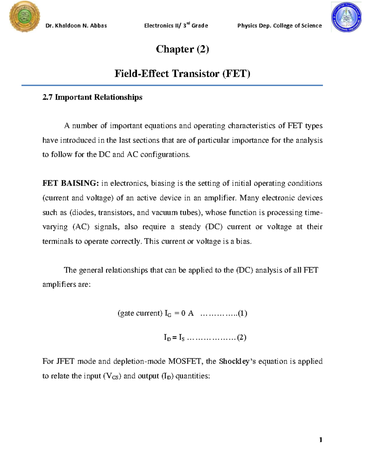 Electronics 3rd Grade: Chapter 2 - FET Biasing & Key Relationships ...
