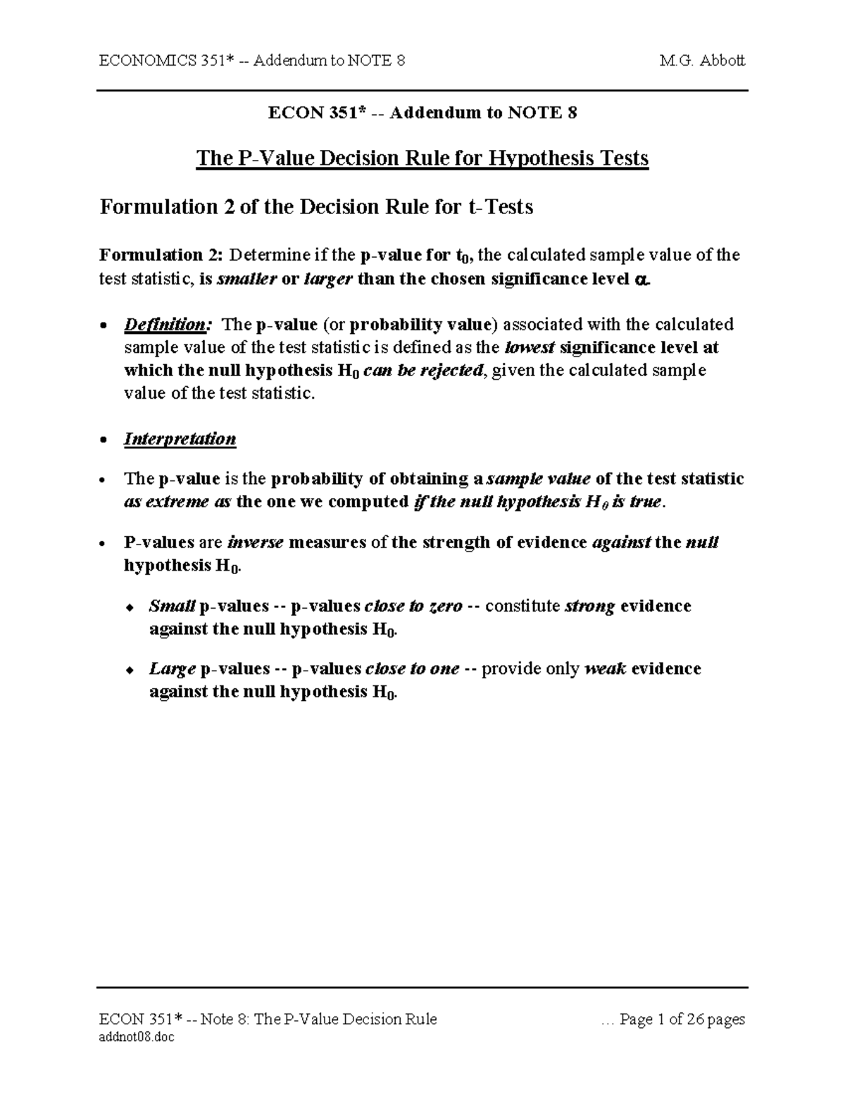 ECON 101 Final Exam Addendum: Decision Rule for Hypothesis Tests - Studocu