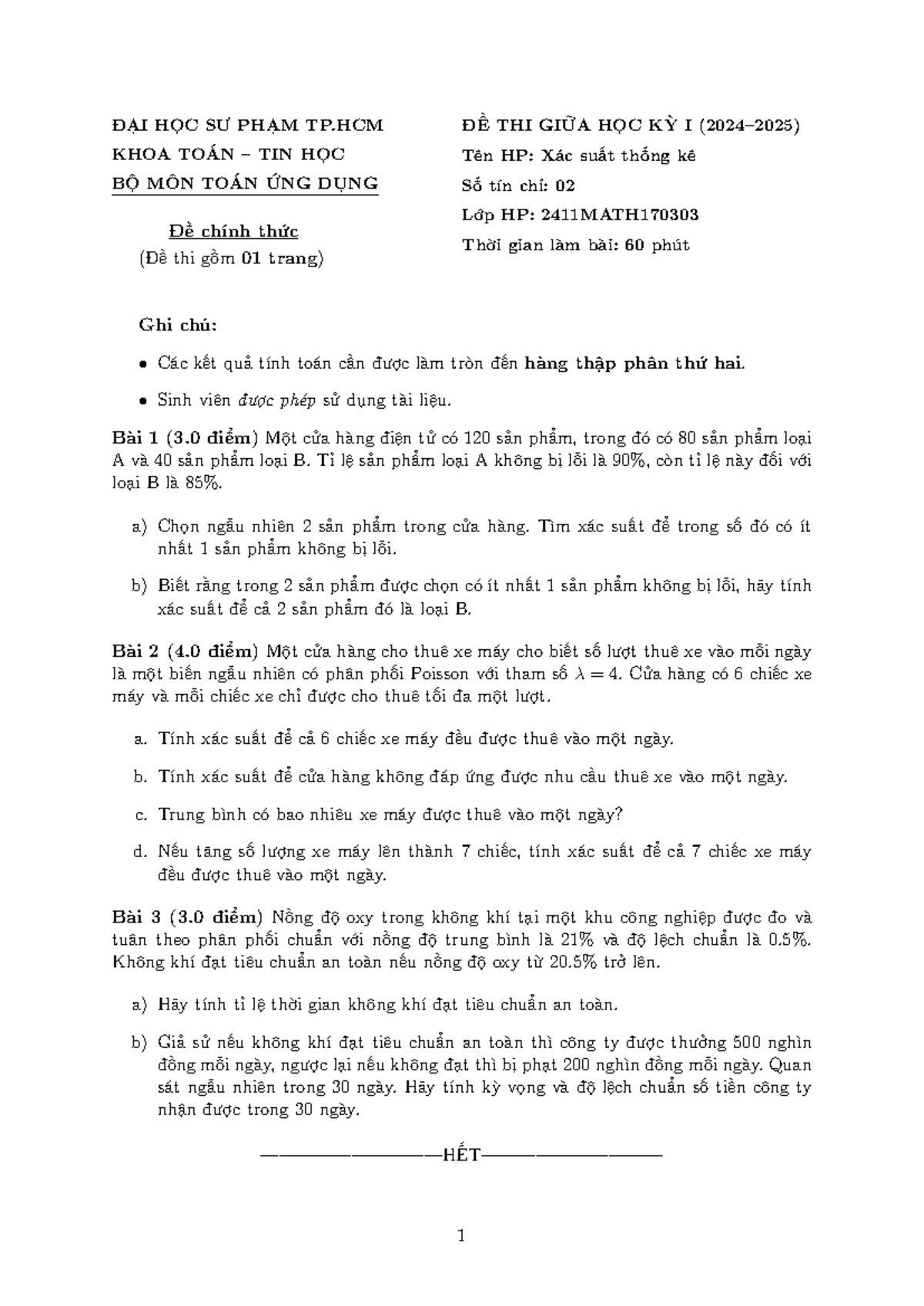 Đề Thi Giữa Học Kỳ I - Khoa Toán Tin Học - Môn Xác Suất Thống Kê - Studocu