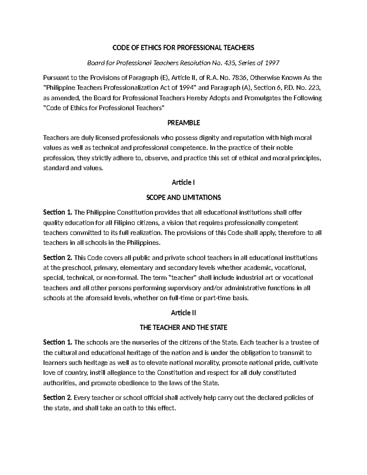 CODE OF ETHICS FOR PROFESSIONAL TEACHERS (R.A. No. 7836) - Studocu