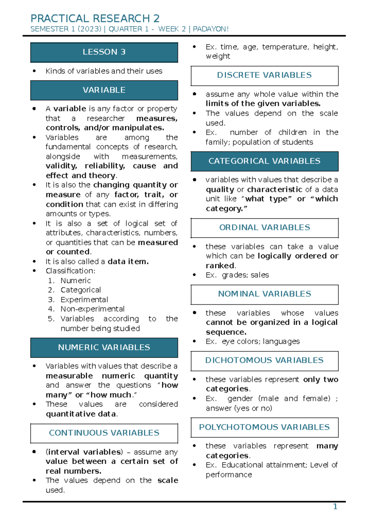 PRACTICAL RESEARCH 2: WEEK 2 LESSON 3 - Kinds of Variables - Studocu