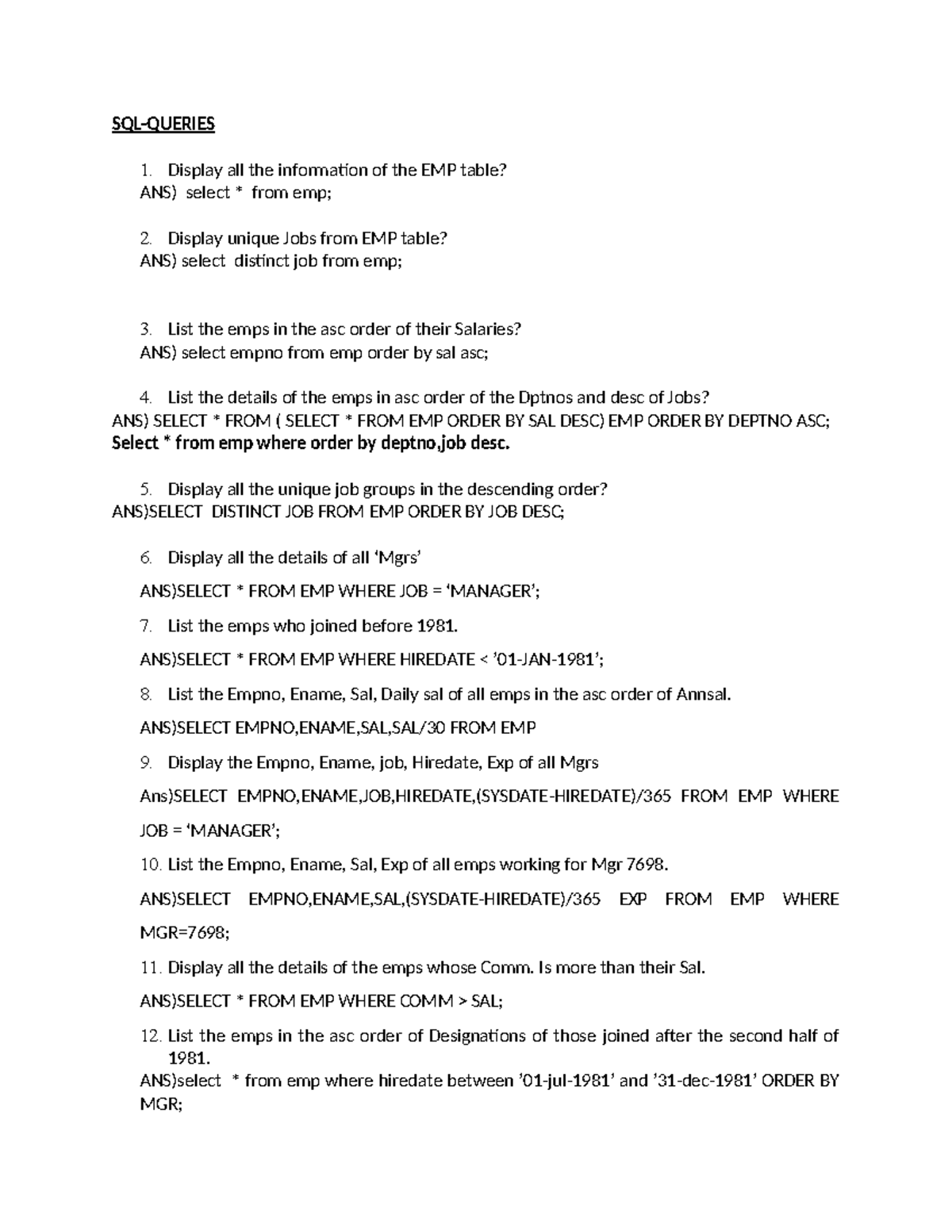 SQL Queries and Answers for SQL 101 - Comprehensive Guide - Studocu