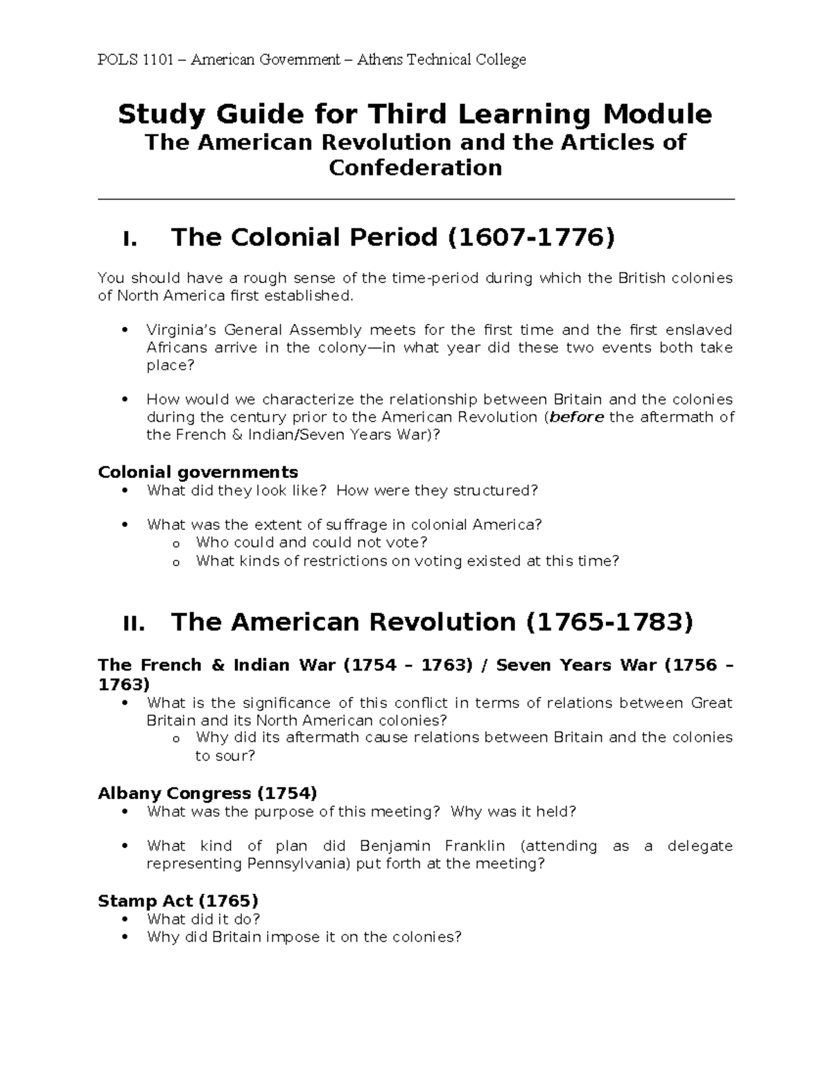 POLS 1101 Study Guide: American Revolution & Articles of Confederation ...