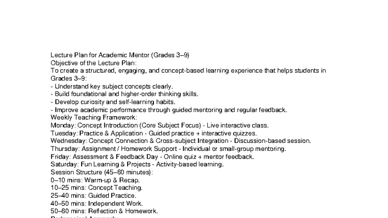 Lecture Plan for Academic Mentor: Engaging Grades Learning - Studocu