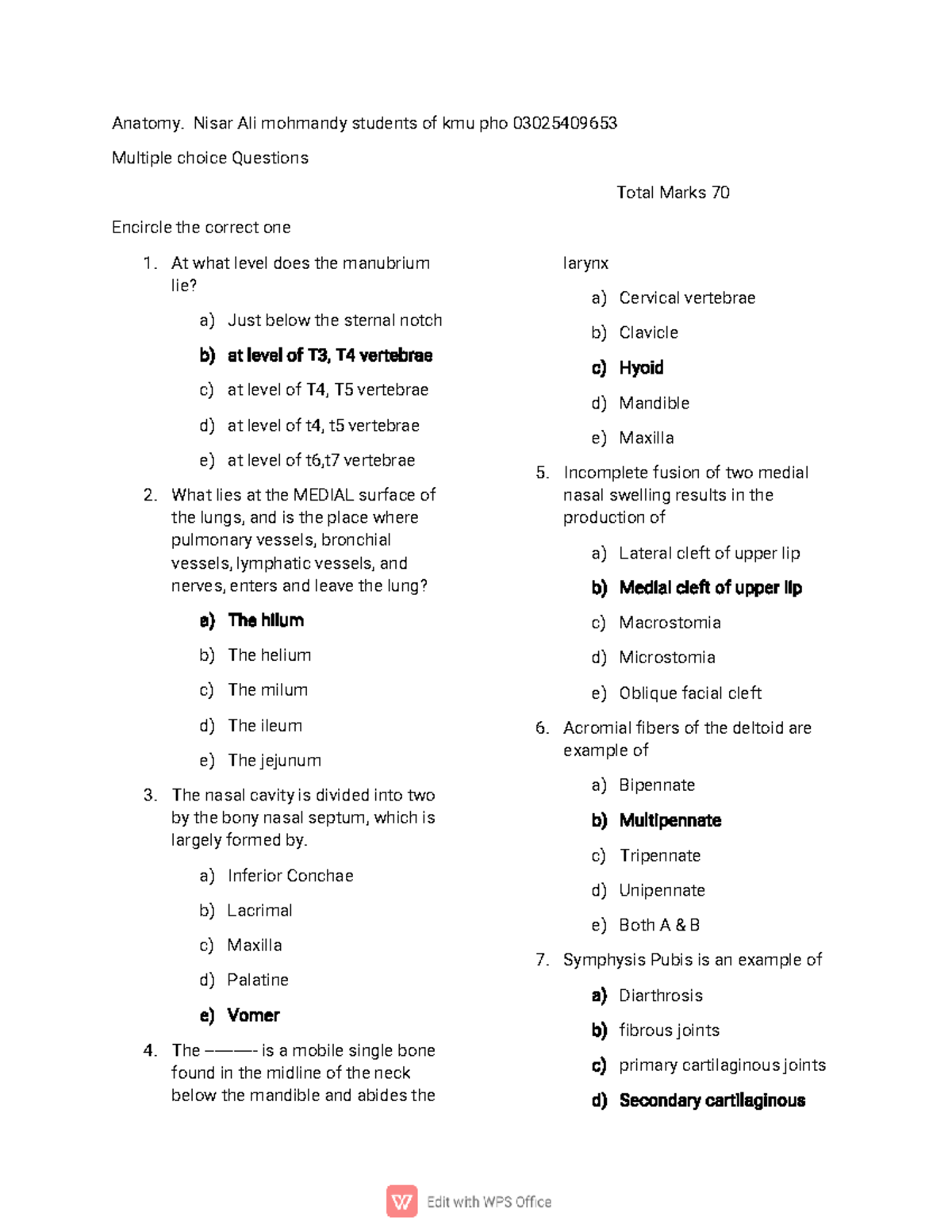Anatomy MCQs for KMU PHO 030254 - Total Marks: 70 - Studocu