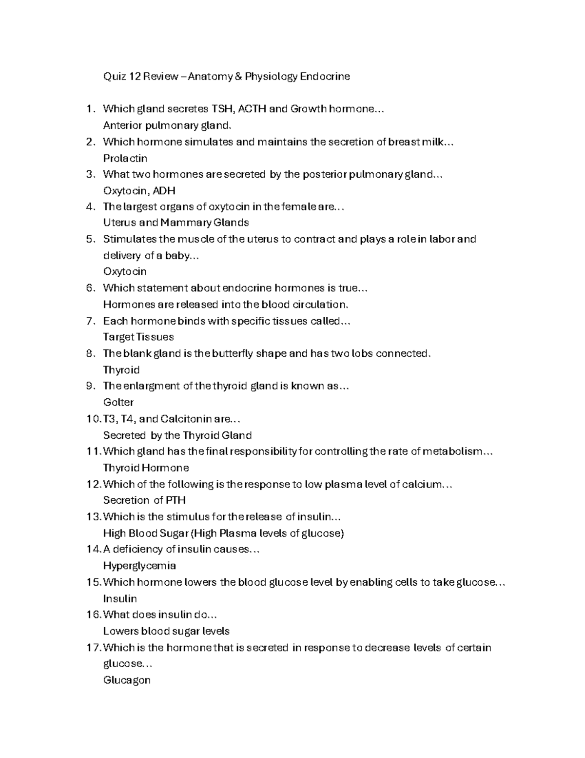 Quiz 12 Review Anatomy & Physiology Endocrine - Quiz 12 Review ...