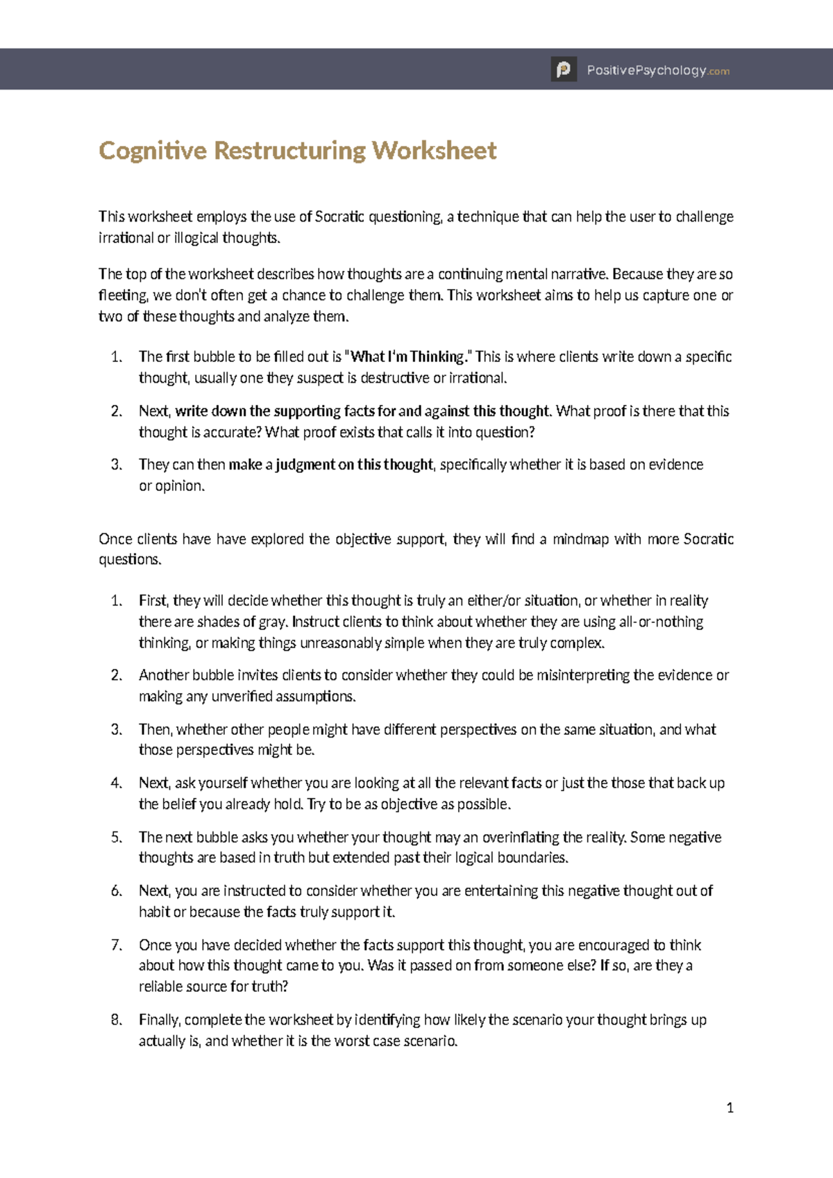 Cognitive Restructuring Worksheet: Challenging Irrational Thoughts ...