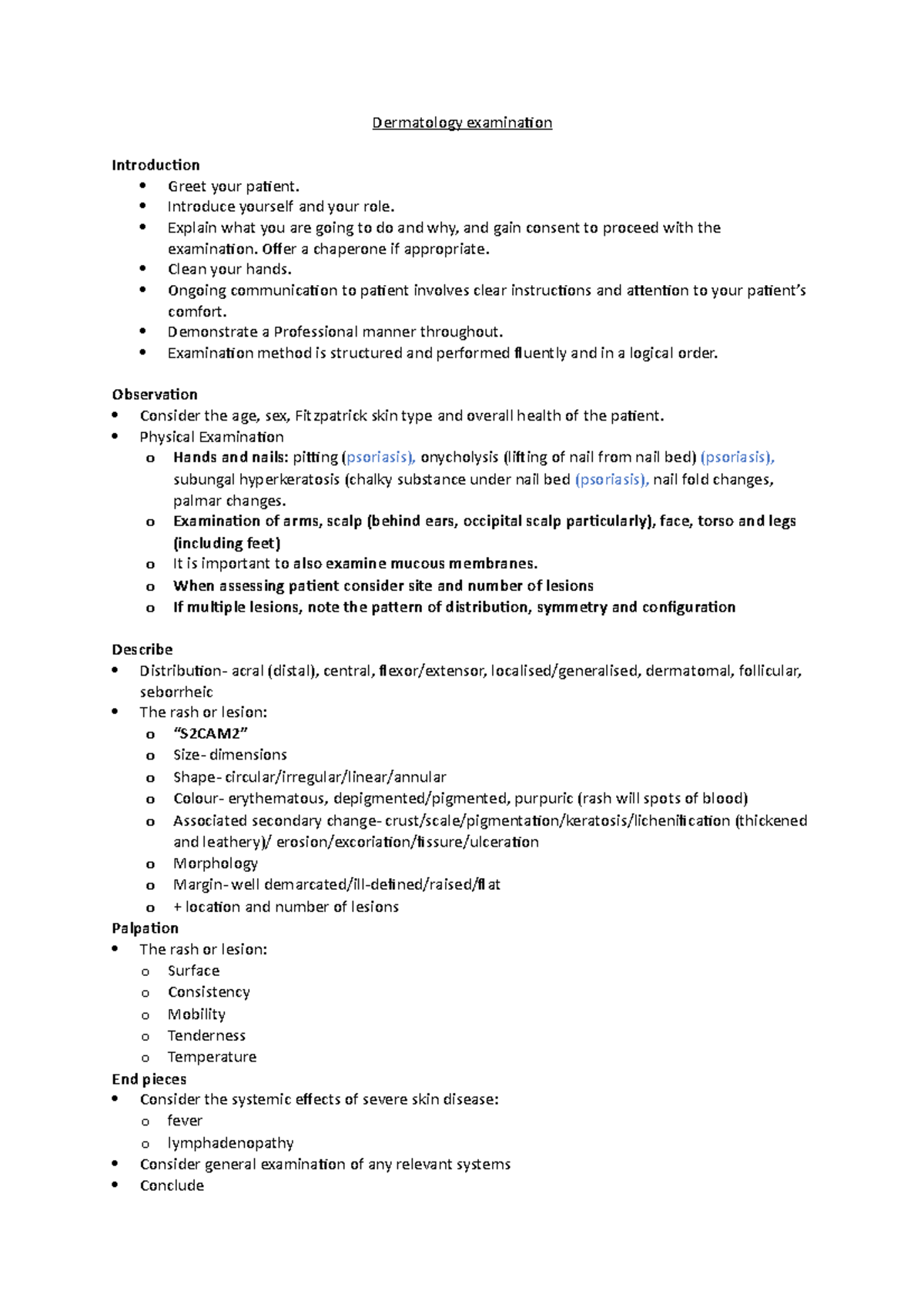 Dermatology Examination Notes: Key Assessment Techniques and Findings ...