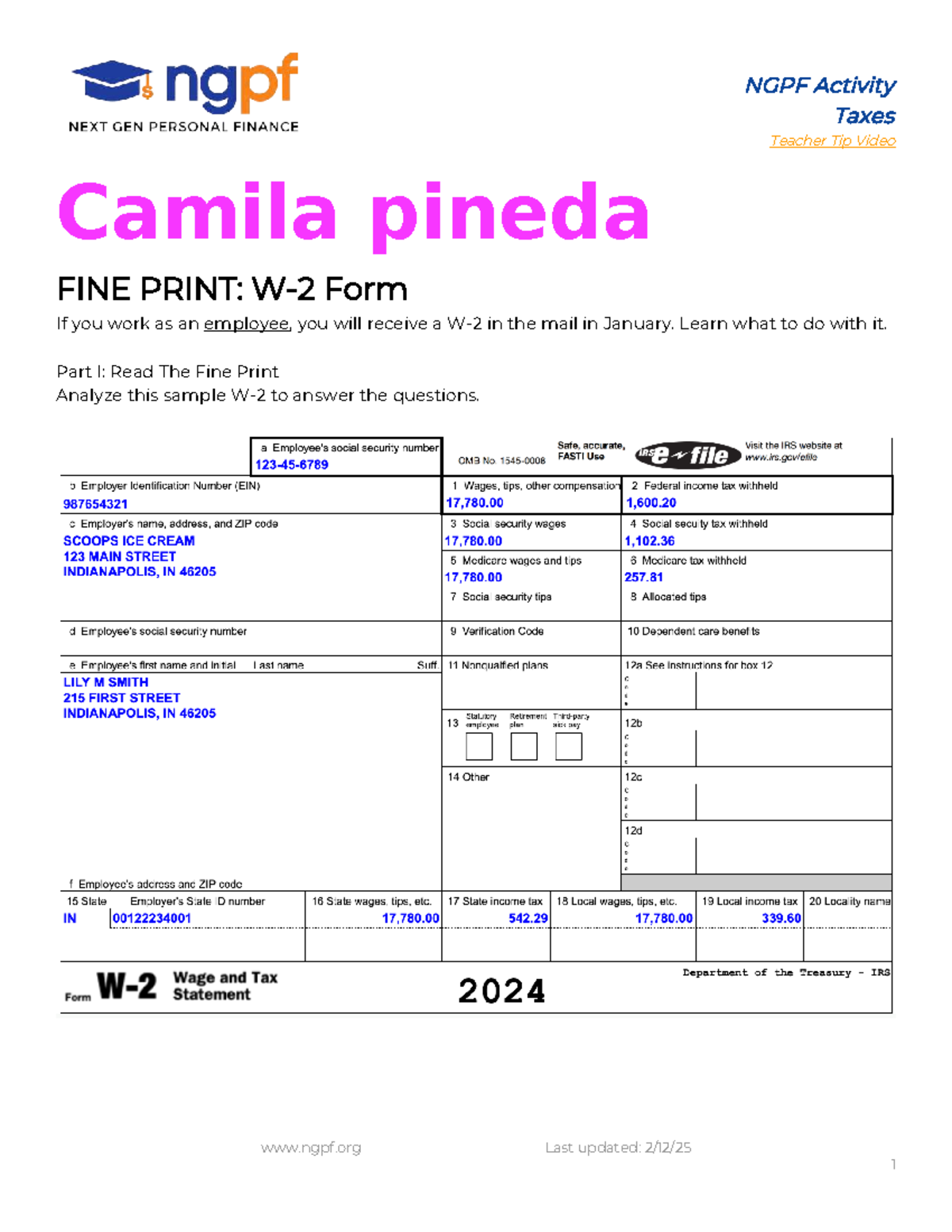 NGPF activity: Understanding W-2 forms and tax implications - Studocu