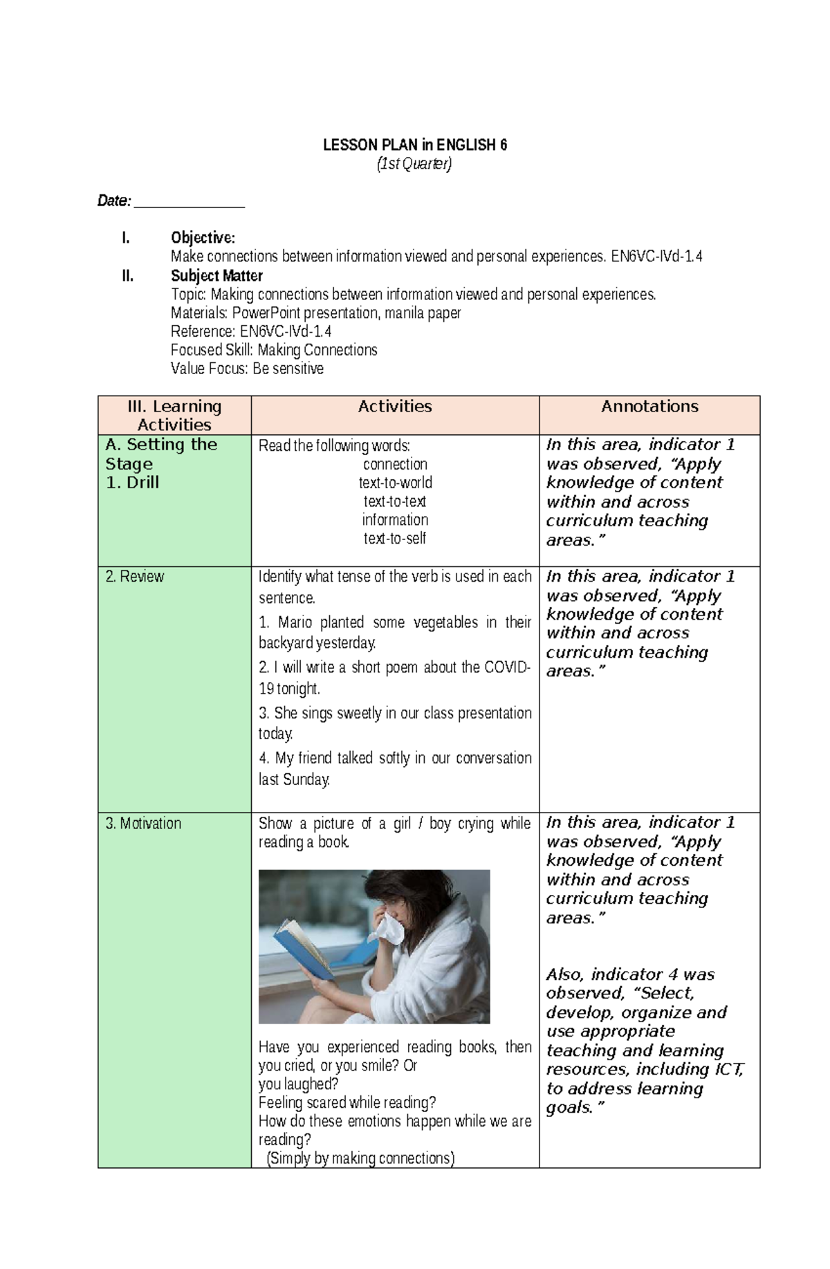 LESSON PLAN: Making Connections in ENGLISH 6 (1st Quarter) - Studocu
