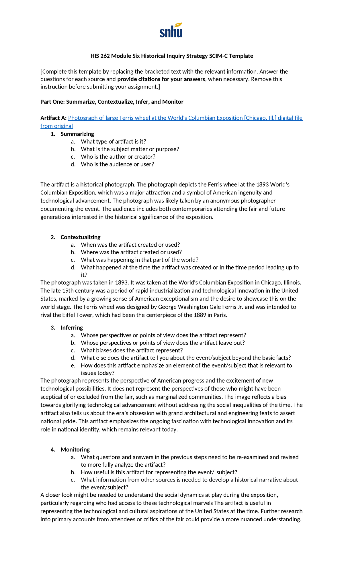 HIS 262 Module 6 Historical Inquiry Strategy SCIM-C Analysis Template ...