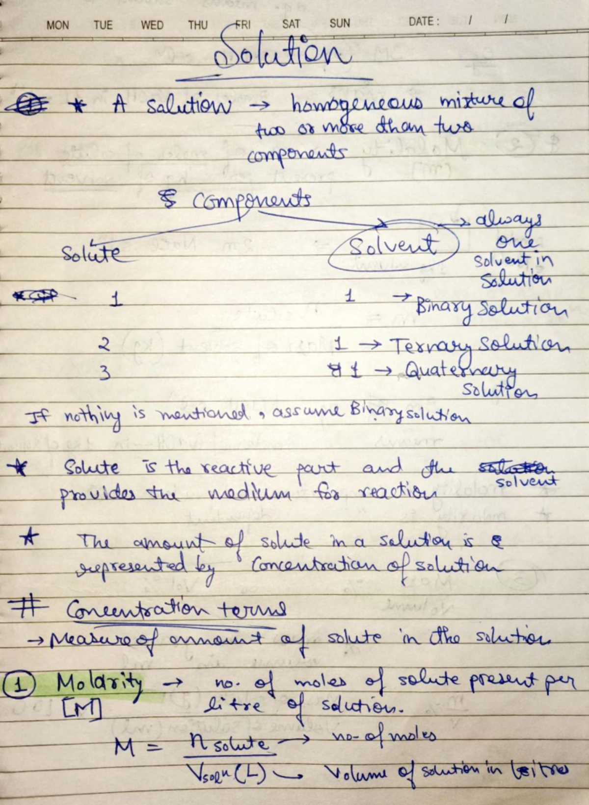 Chemistry Chapter 1 Solution Self Notes Mon Tue Wed Thu Fri Sat Sun