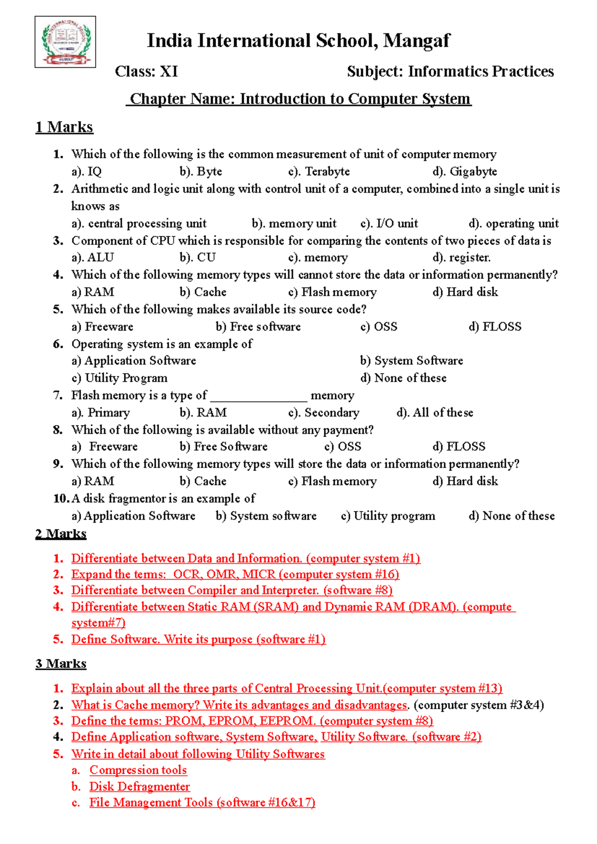 Informatics Practices XI: Introduction to Computer System Notes - Studocu
