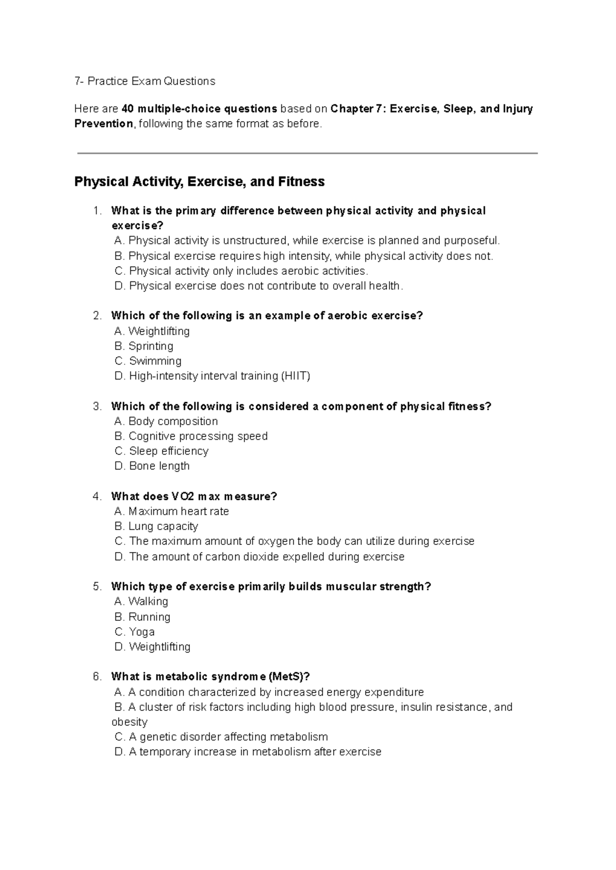 Chapter 7: Practice Exam Questions on Exercise, Sleep, and Injury ...