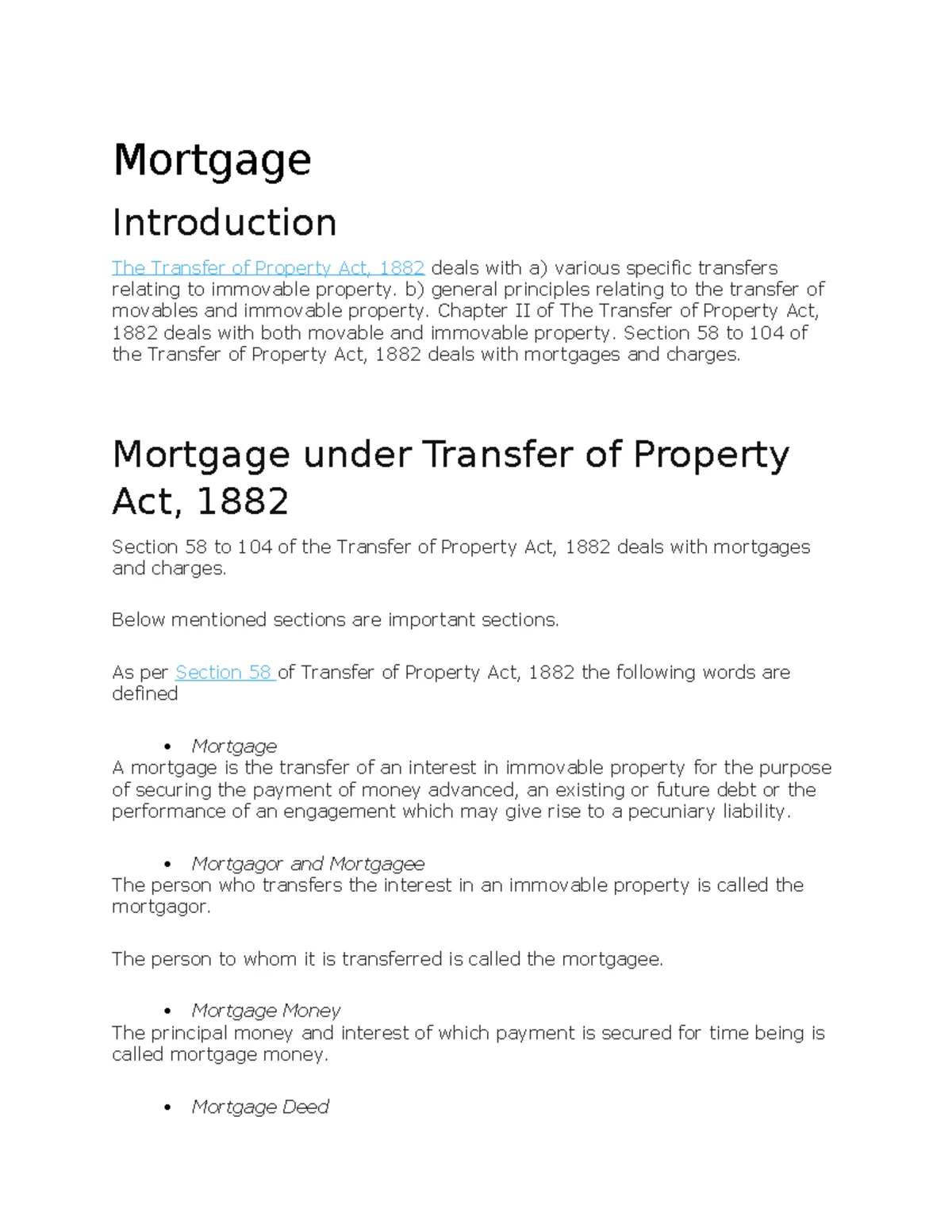 Mortgage - Notes - Mortgage Introduction The Transfer of Property Act ...