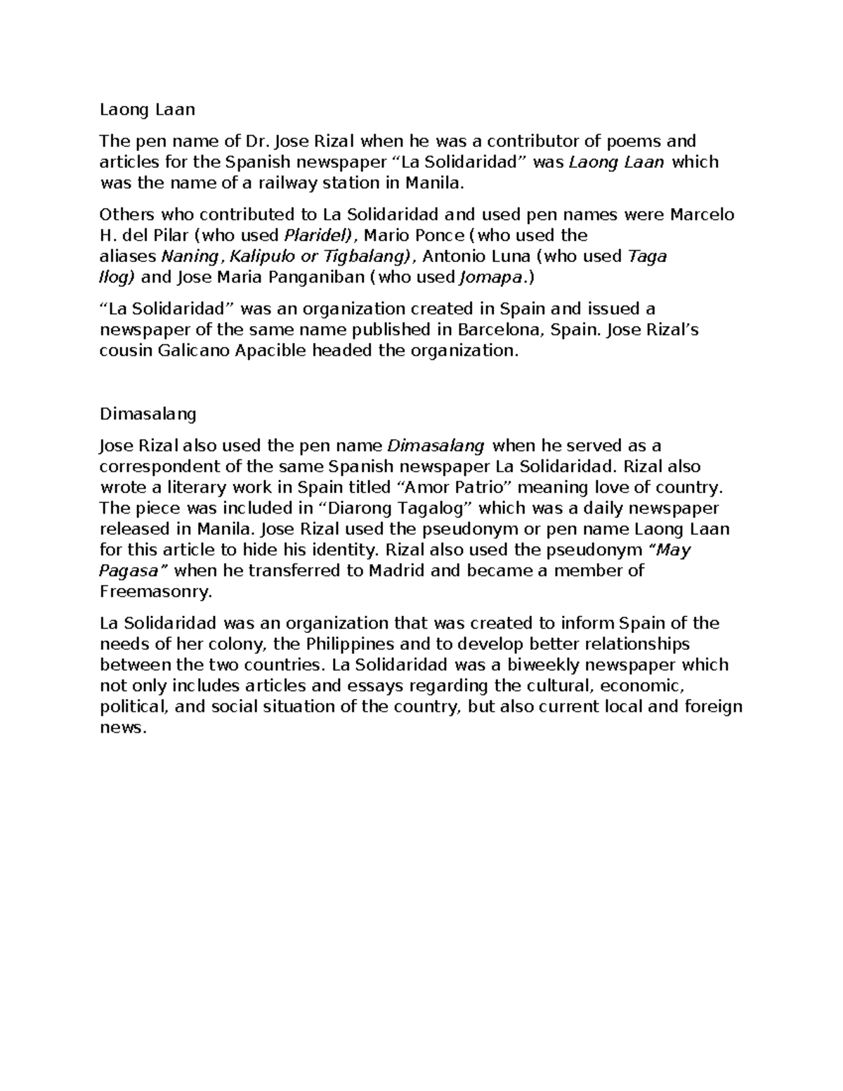 Laong Laan: Rizal's Pen Names in La Solidaridad Contributions - Studocu