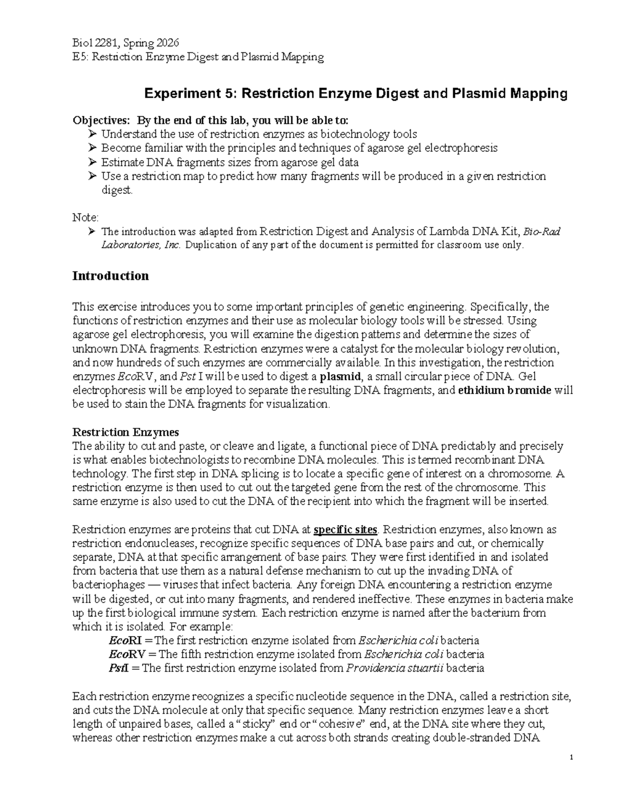 Biol 2281: Restriction Enzyme Digest and Plasmid Mapping Lab - Studocu