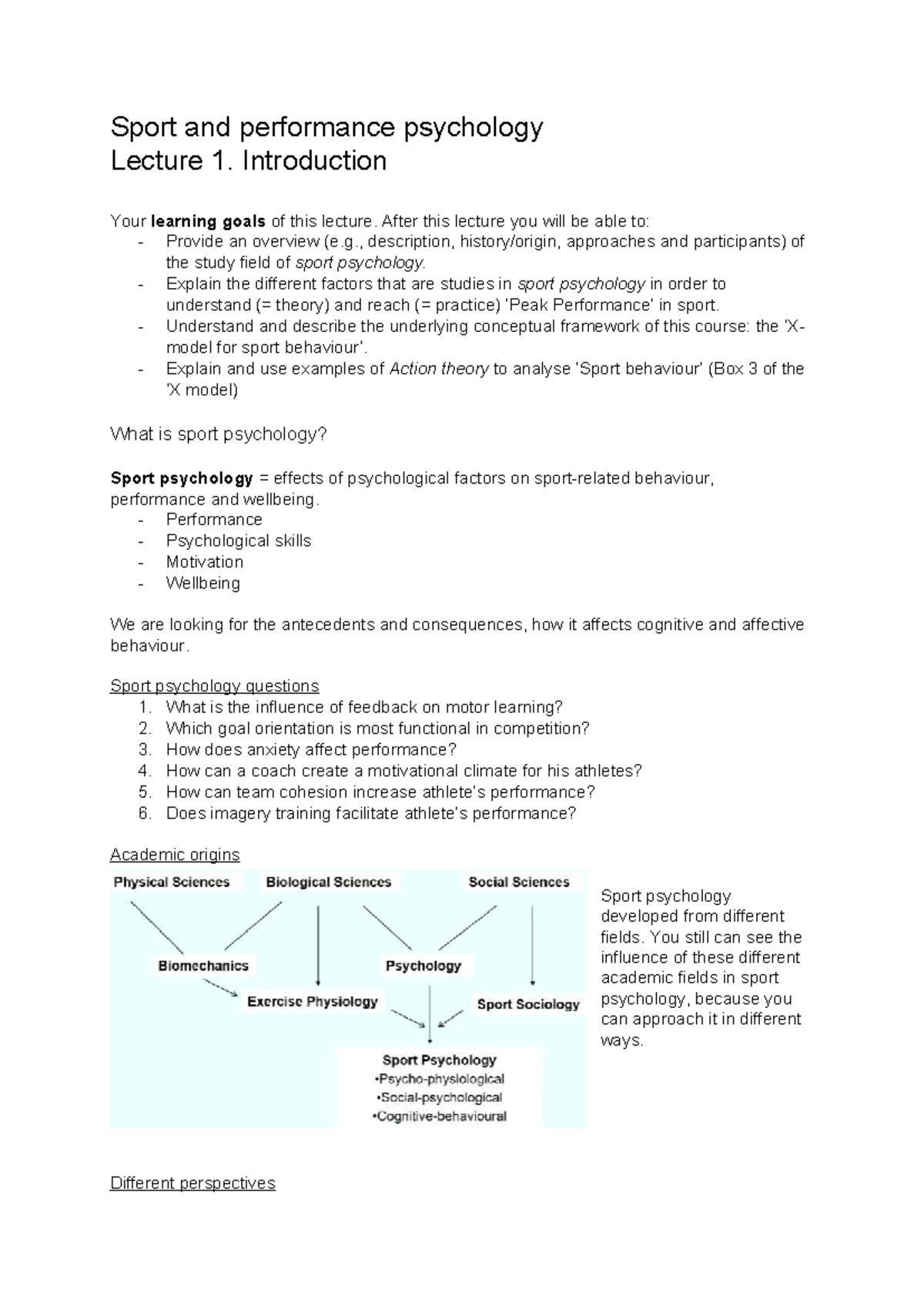 Sport and Performance Psychology Lecture 1: Introduction to Key ...