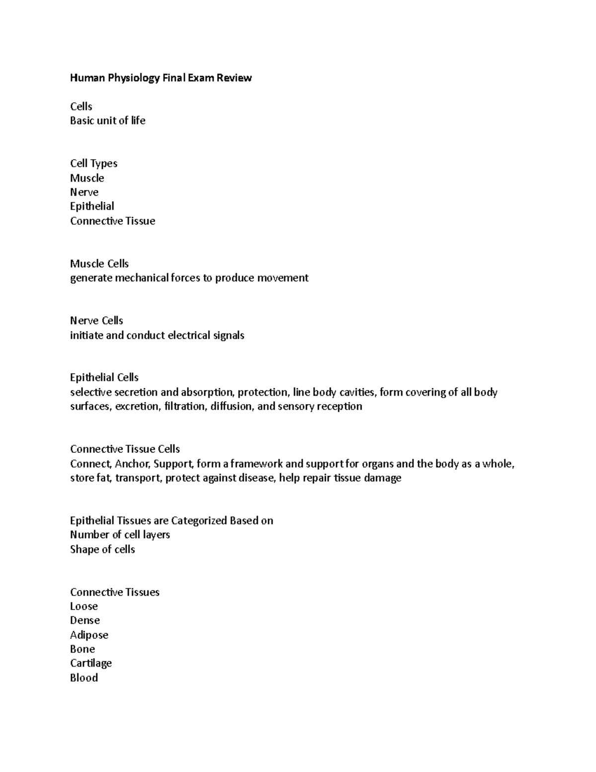 Human Physio Final Exam Review - Human Physiology Final Exam Review ...
