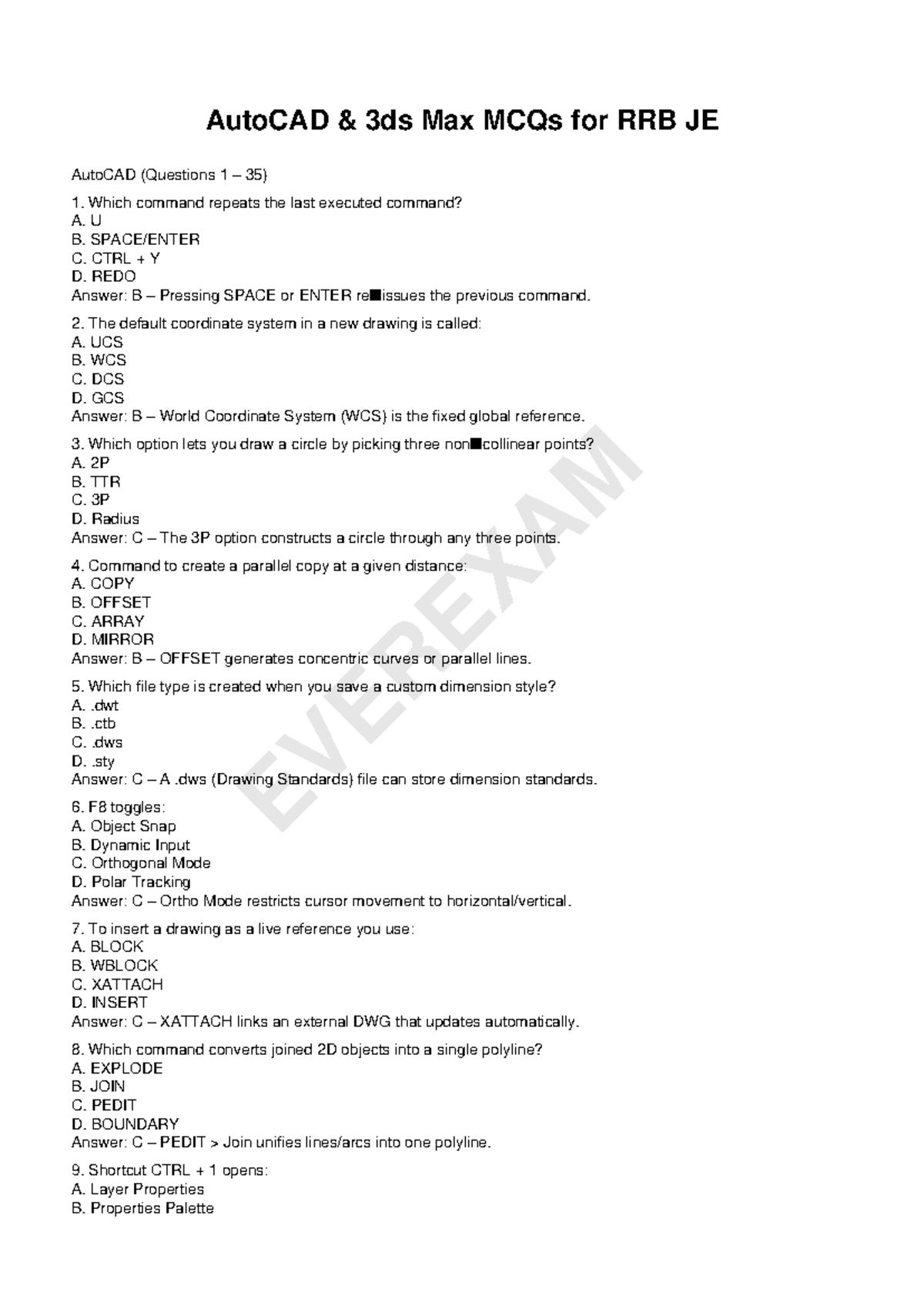 AutoCAD 3ds Max MCQs Revision for RRB JE (Questions 1-60) - Studocu