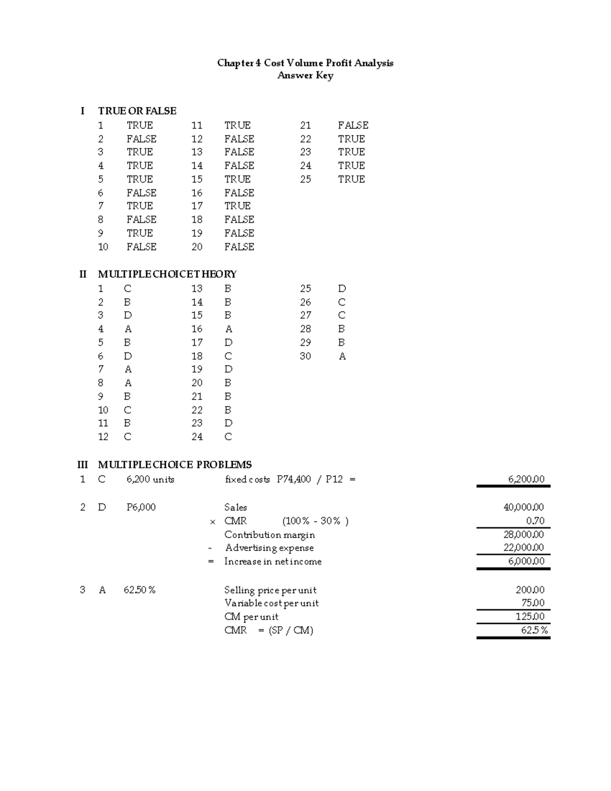 Chapter 4 CVP Analysis - Answer Key with Solutions (Cost/Volume/Profit) - Studocu