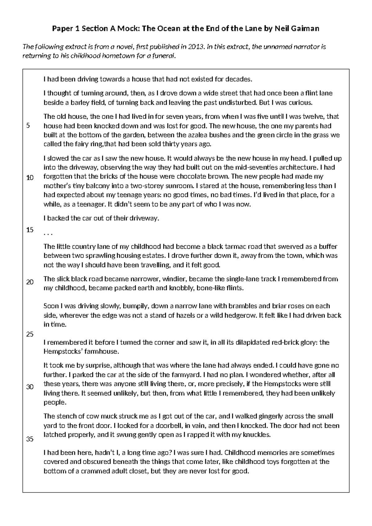English Language Paper 1 Mock: The Ocean at the End of the Lane - Studocu