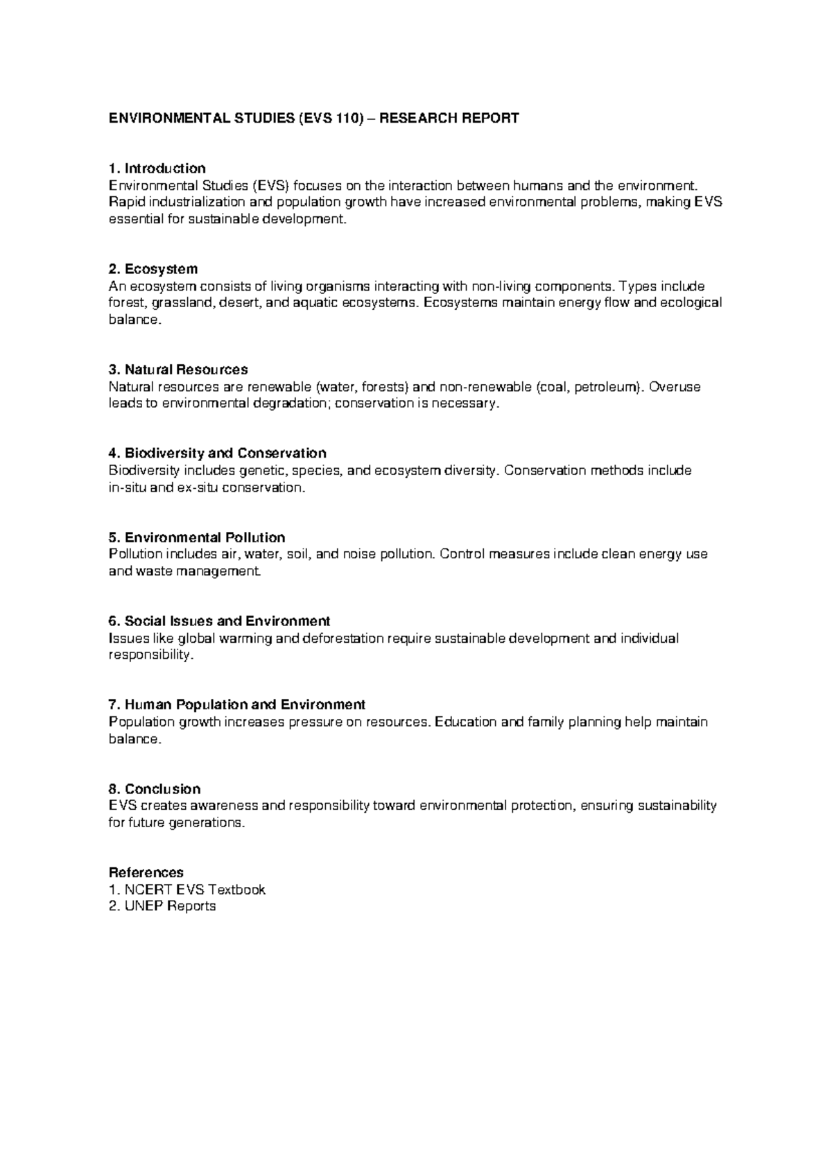EVS 110 Research Report: Key Insights on Environmental Studies - Studocu
