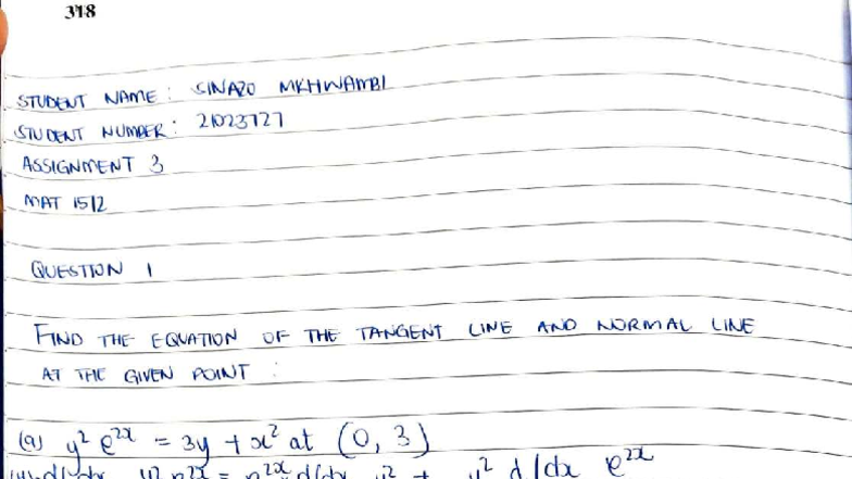 Mat1512 Assessment 3: Tangent and Normal Line Equations - Studocu