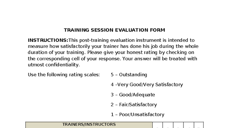 Training Session Evaluation Form Instructions (10) - Studocu