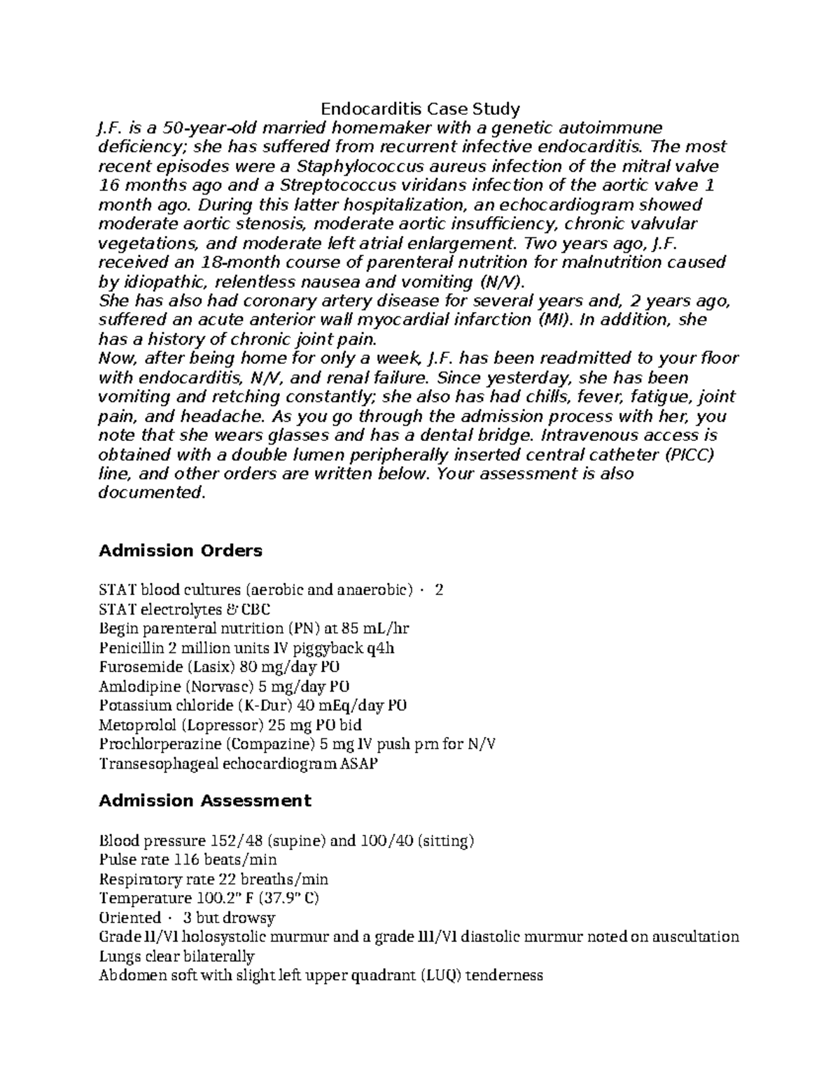 Endocarditis Case Study: J.F.'s Complex Medical History and Management ...