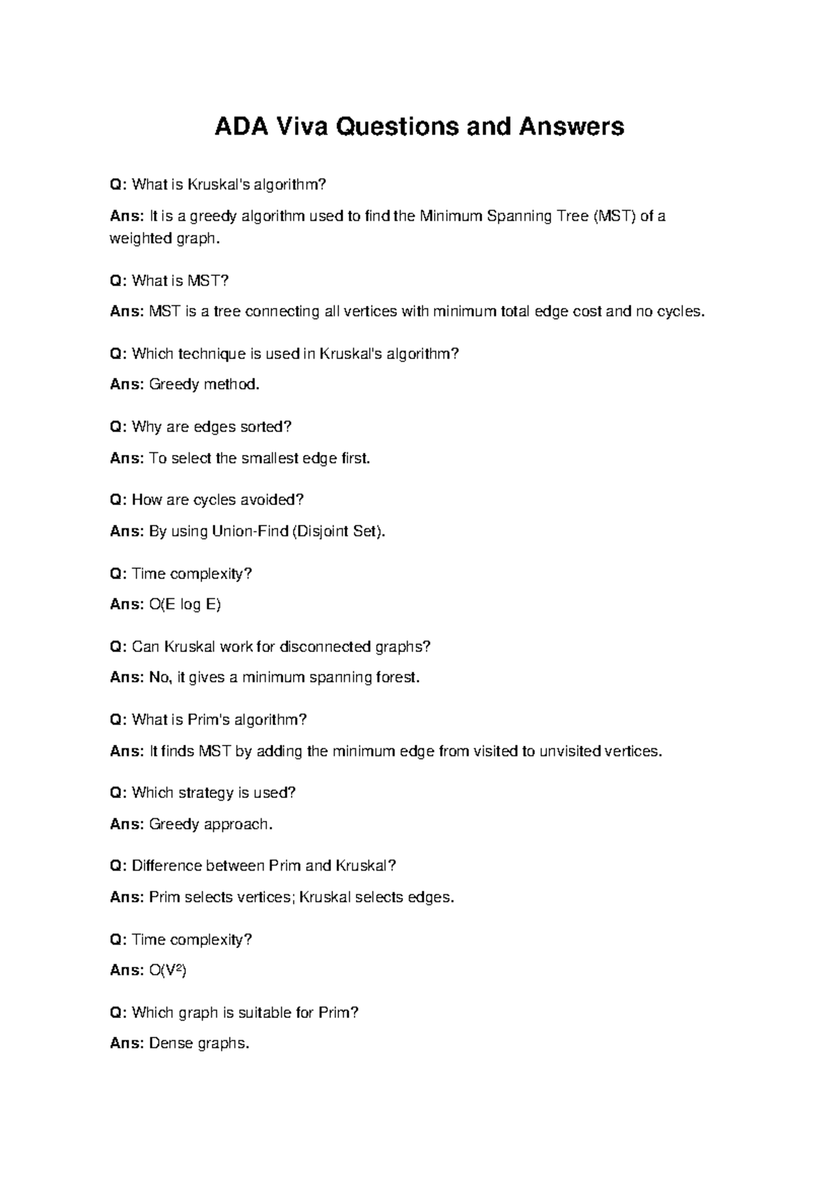 ADA Viva Questions and Answers: Algorithms and Complexity - Studocu