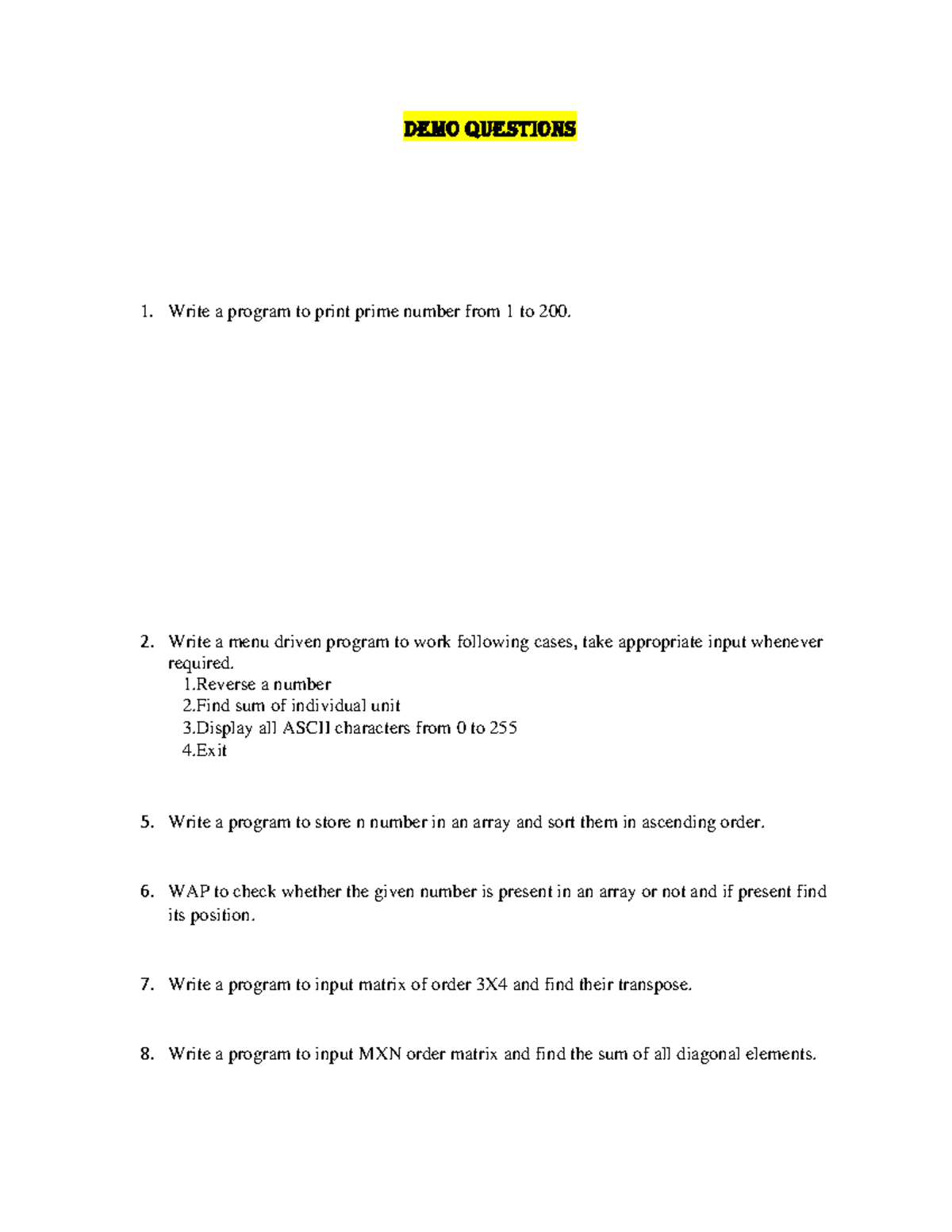 C Lab Exam Demo Questions: Programming Challenges and Solutions - Studocu