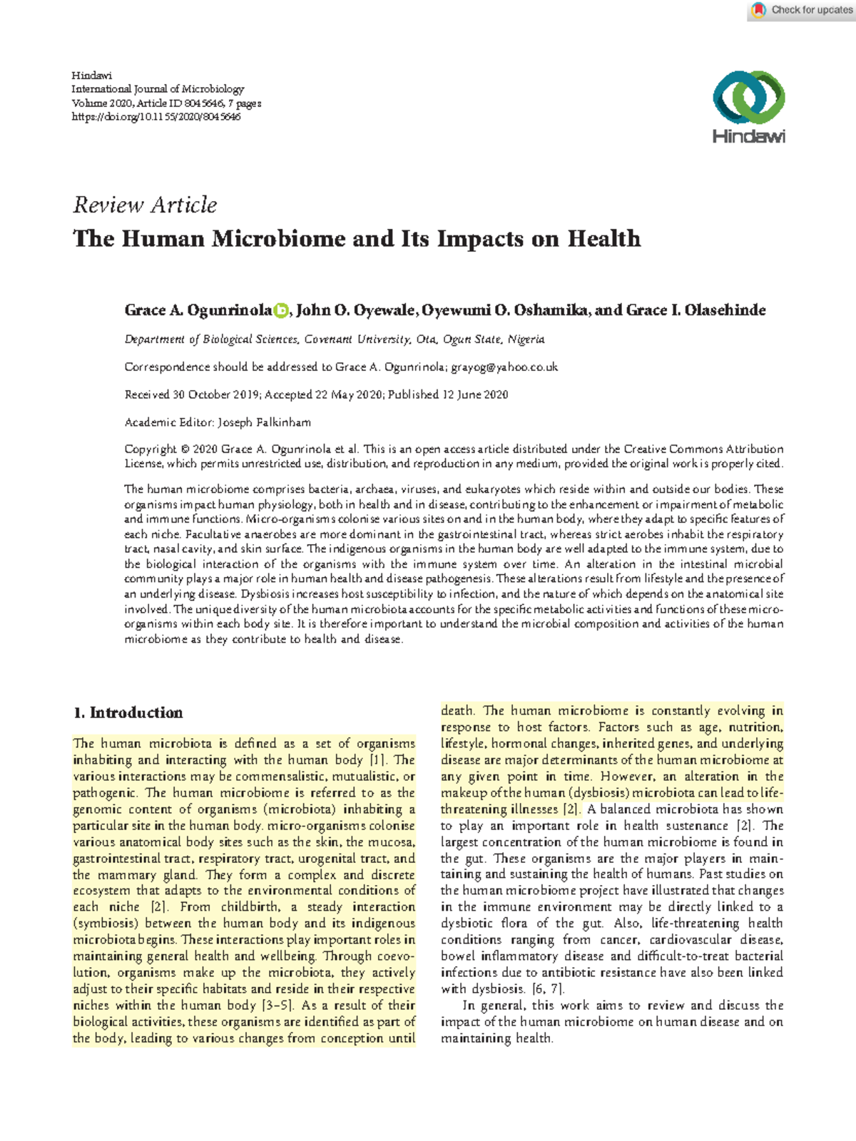 International Journal of Microbiology - 2020 - Ogunrinola - The Human ...