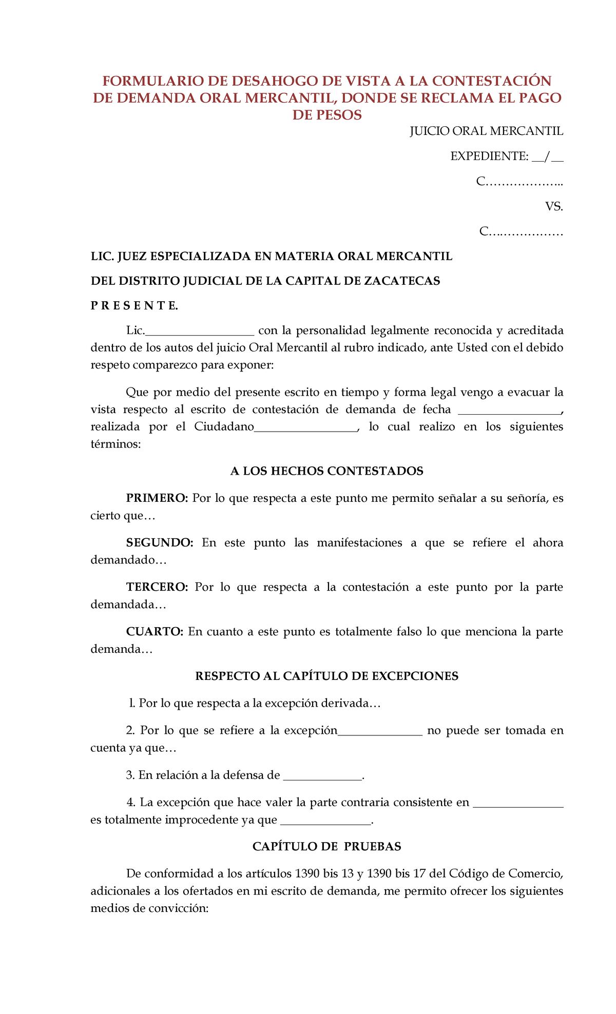 Desahogo De Vista A La Contestación En Juicio Oral Mercantil Studocu