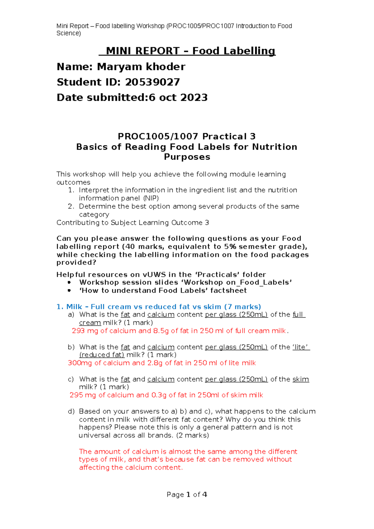 Mini Report on Food Labelling - PROC1005/1007 Practical 3 - Studocu