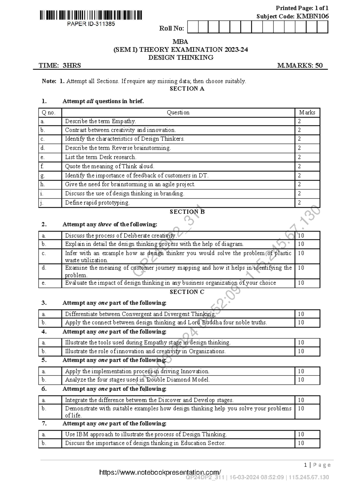 KMBN106 DESIGN THINKING 2023-24 Question Paper - QP24DP2_ | 16-03-2024 08:52:09 | 115.245. - Studocu
